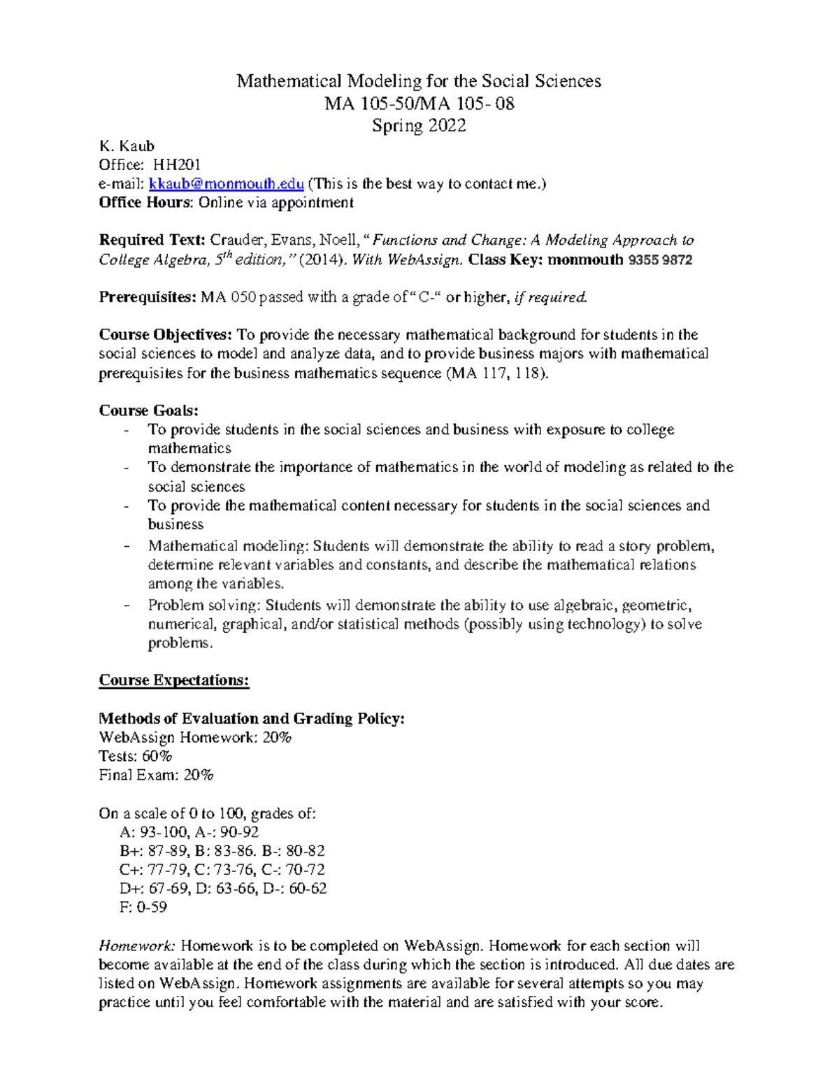 MA 105 Syllabus- Spring 2022-2 - Mathematical Modeling for the Social ...