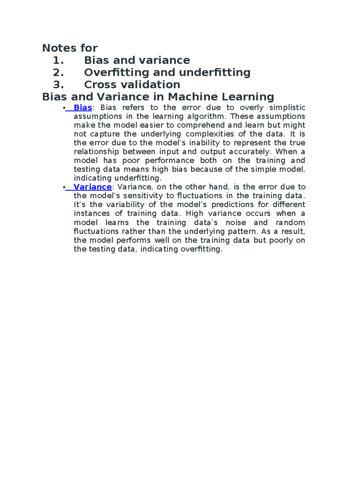 Bias varaince,OF and UF,CV - Notes for 1. Bias and variance 2 ...
