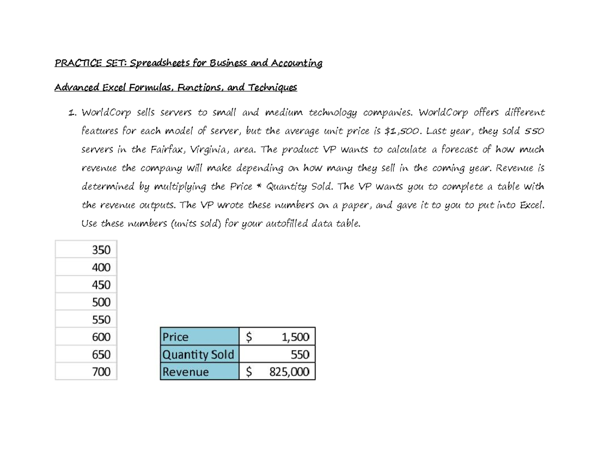 Practice Set Spreadsheets for Business and Accounting - PRACTICE SET ...