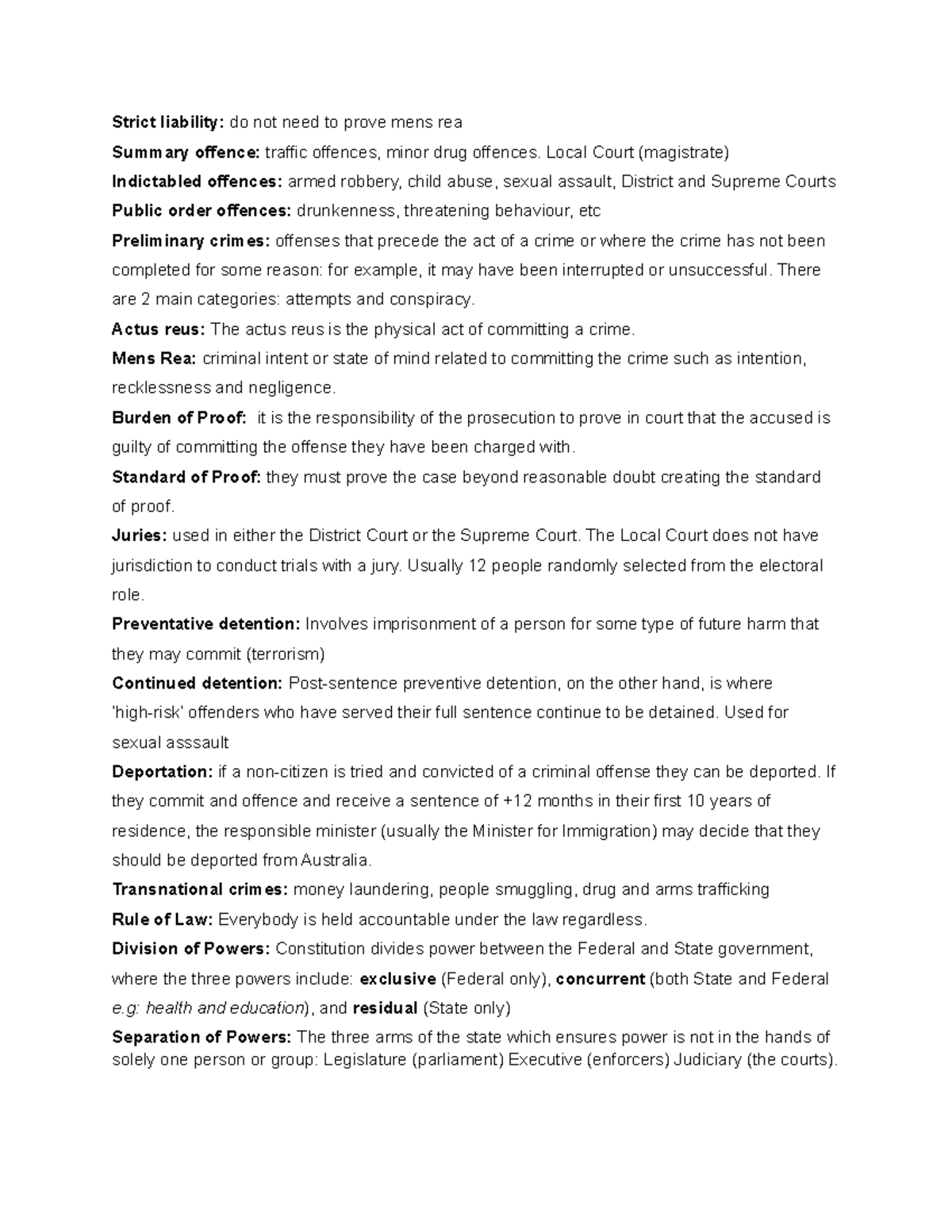 Crime notes - Strict liability: do not need to prove mens rea Summary ...