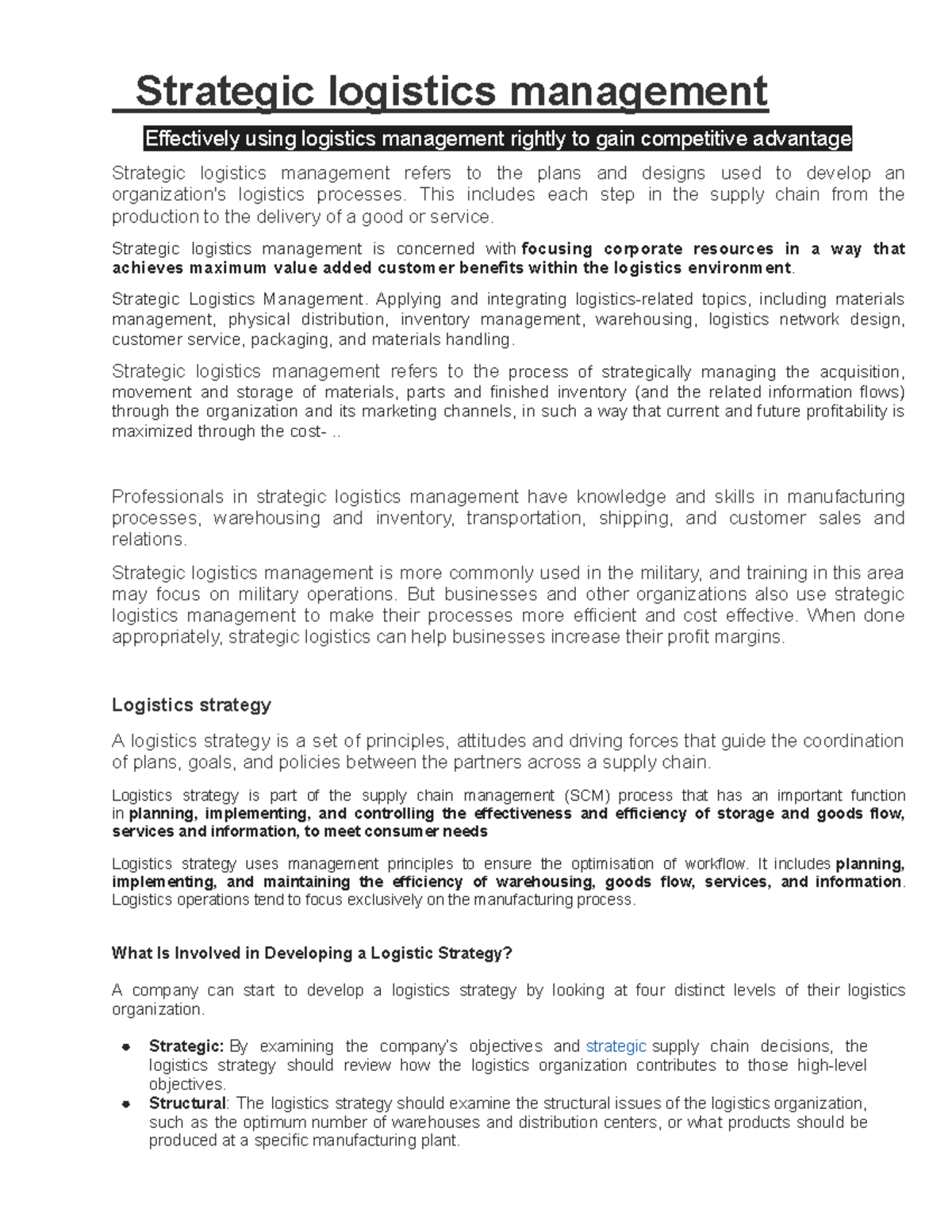Stategic logistic mgt - Summary Strategische Marketing - Strategic ...