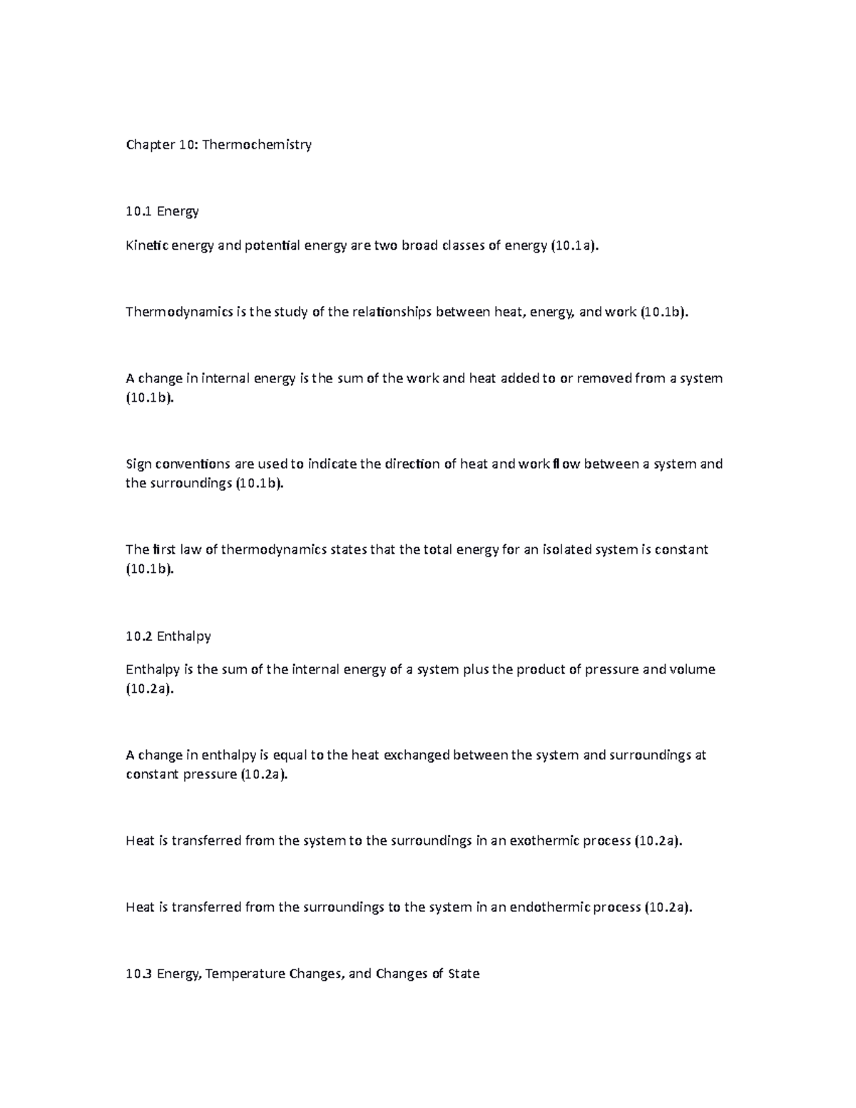 General Chemistry I notes - Chapter 10: Thermochemistry 10 Energy ...