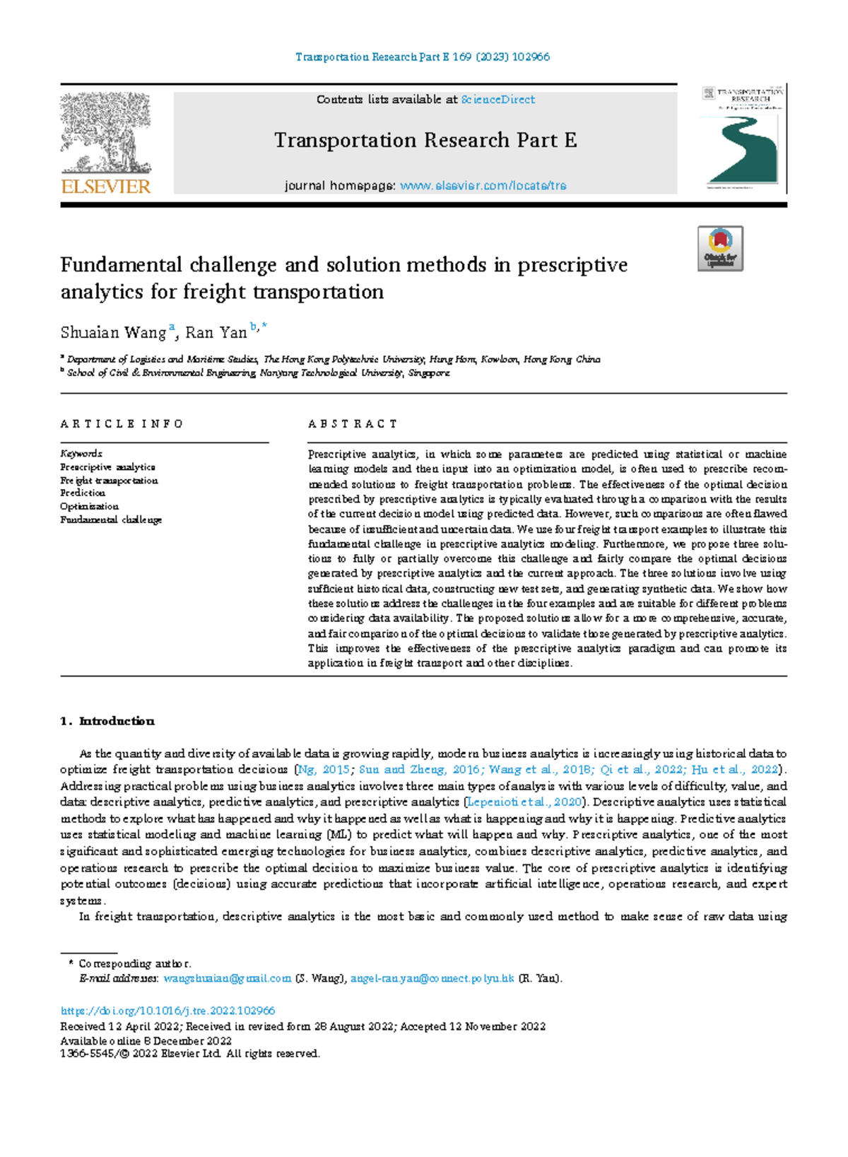 Freight article - Transportation Research Part E 169 (2023) 102966 ...