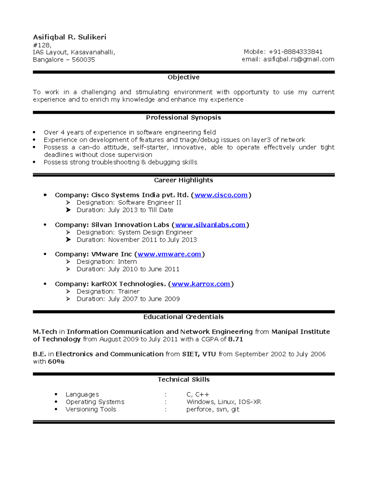Asifrs Resume - Asifiqbal R. Sulikeri #128, IAS Layout, Kasavanahalli ...