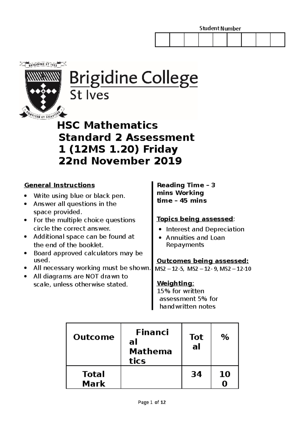 2020 Assessment maths - Page 1 of 12 Student Number HSC Mathematics ...