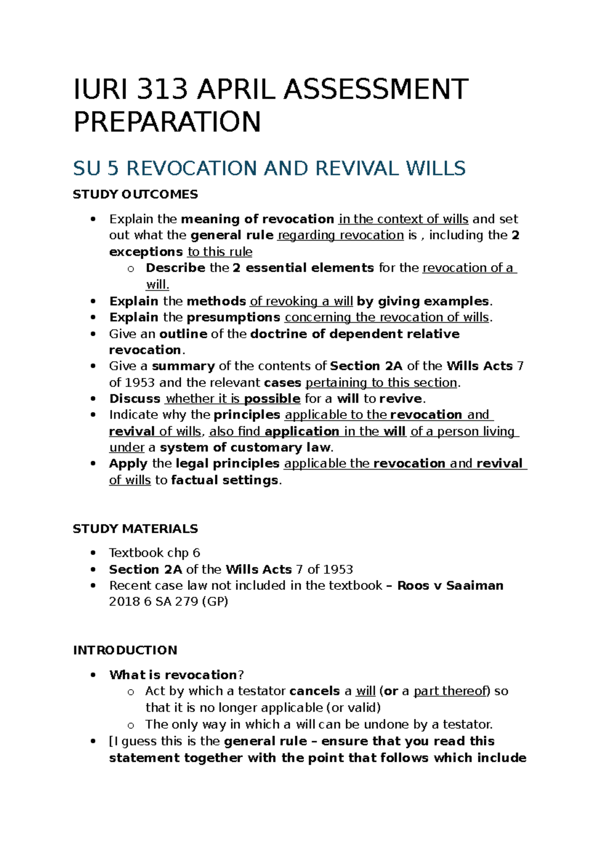 IURI 313 April Assessment Preparation - IURI 313 APRIL ASSESSMENT PREPARATION SU 5 REVOCATION ...