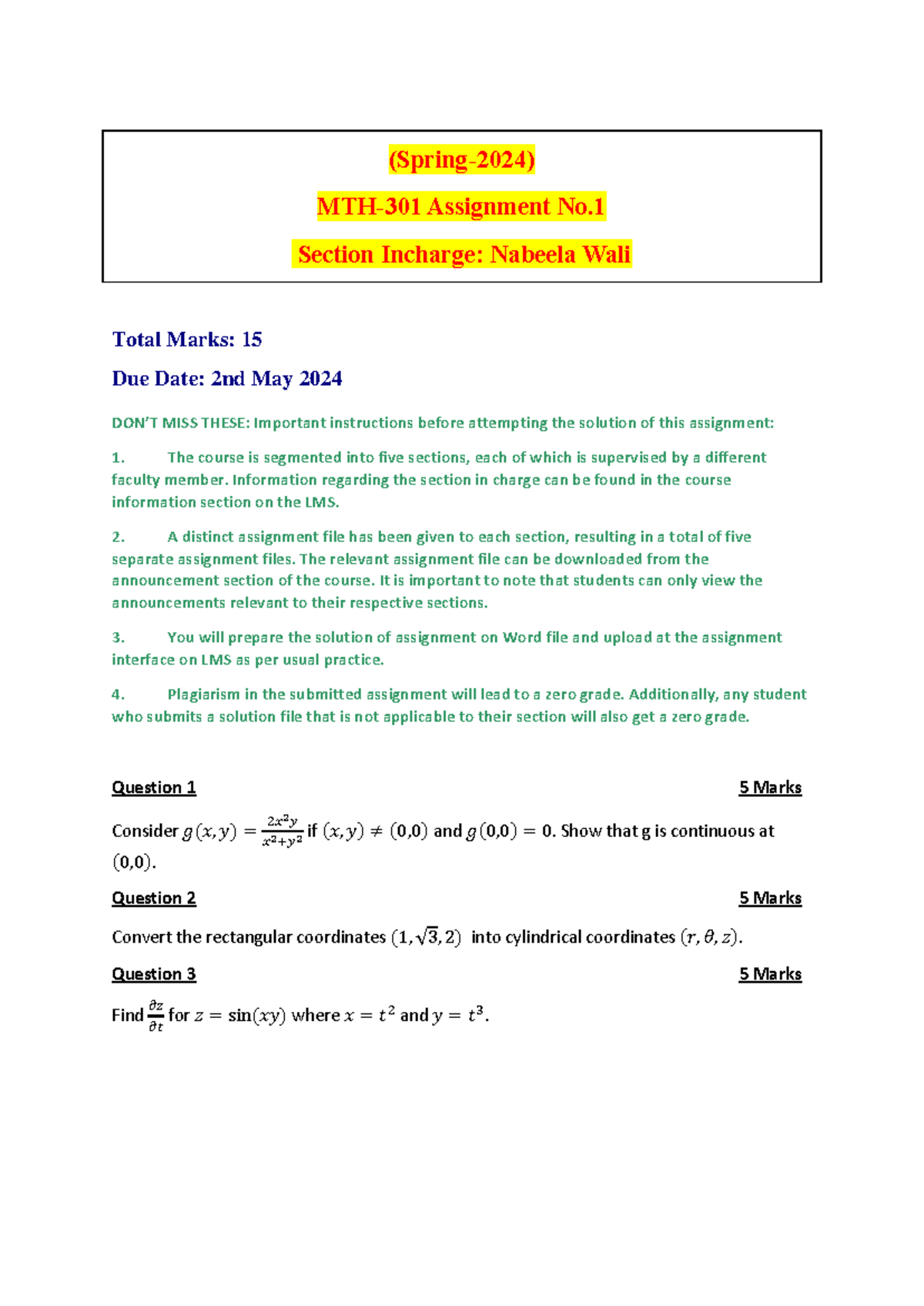 Assignment 1 MTH301 (Nabeela Wali) - (Spring-2024) MTH-301 Assignment No. Section Incharge ...