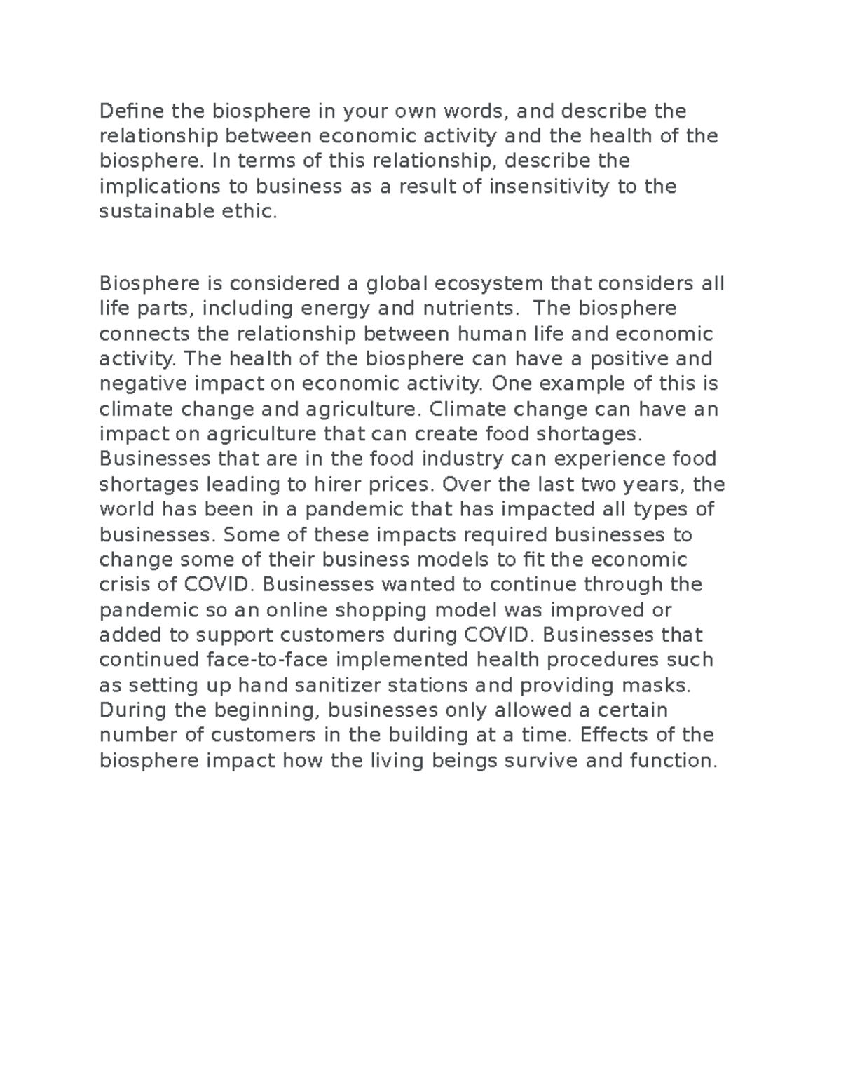 Define the biosphere in your own words - In terms of this relationship ...