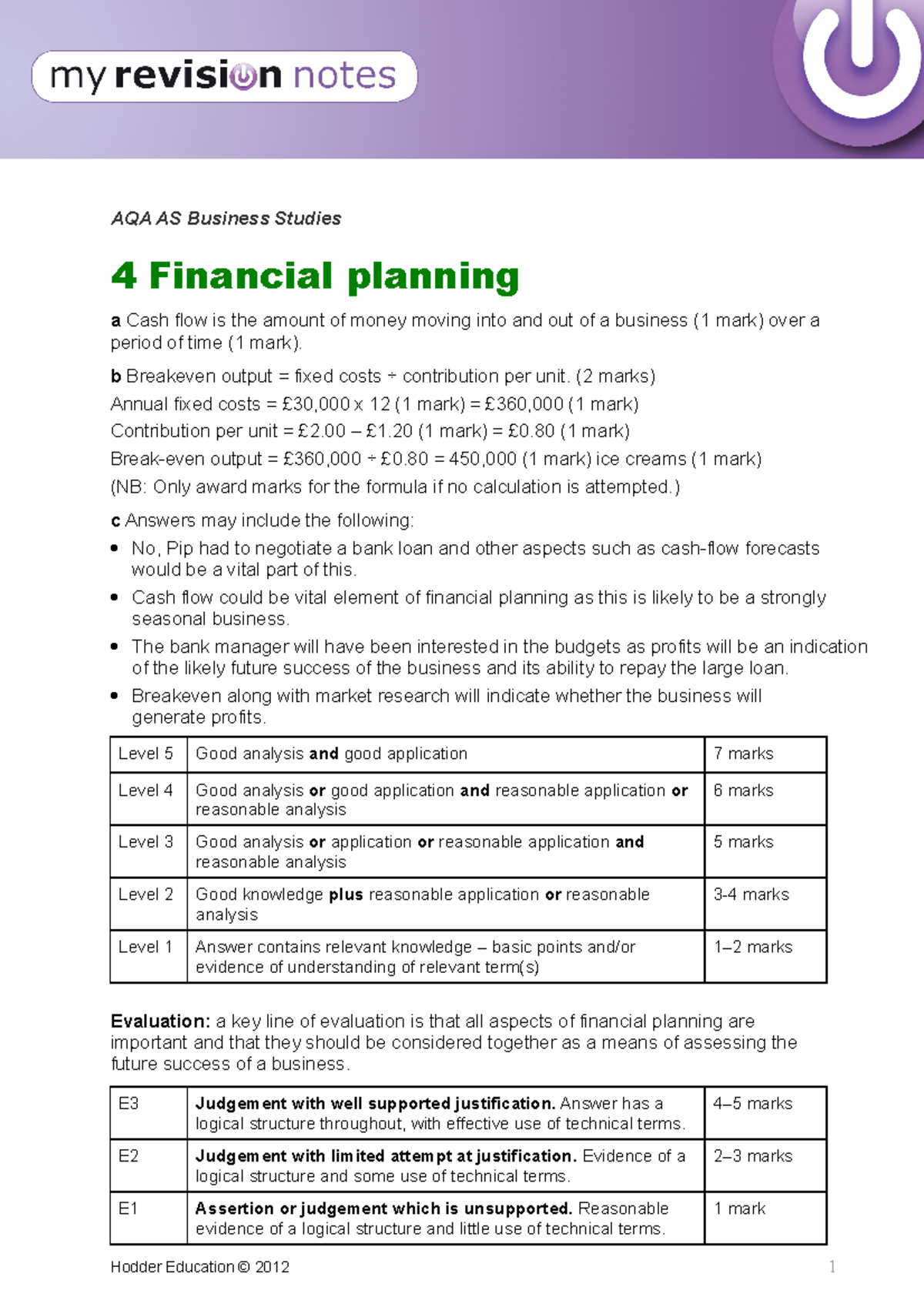 Exam practice answers 4 - AQA AS Business Studies 4 Financial planning ...
