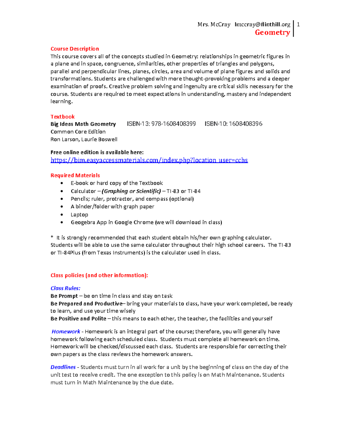 Geometry-Honors-Syllabus-22-23 - Mrs. McCray lmccray@flinthill Geometry ...