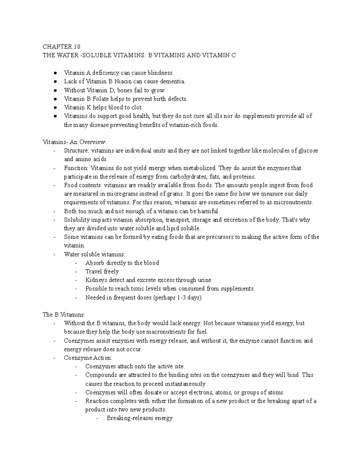 Nutriton Water Soluble Vitamins Notes Study Guide - CHAPTER 10 THE ...