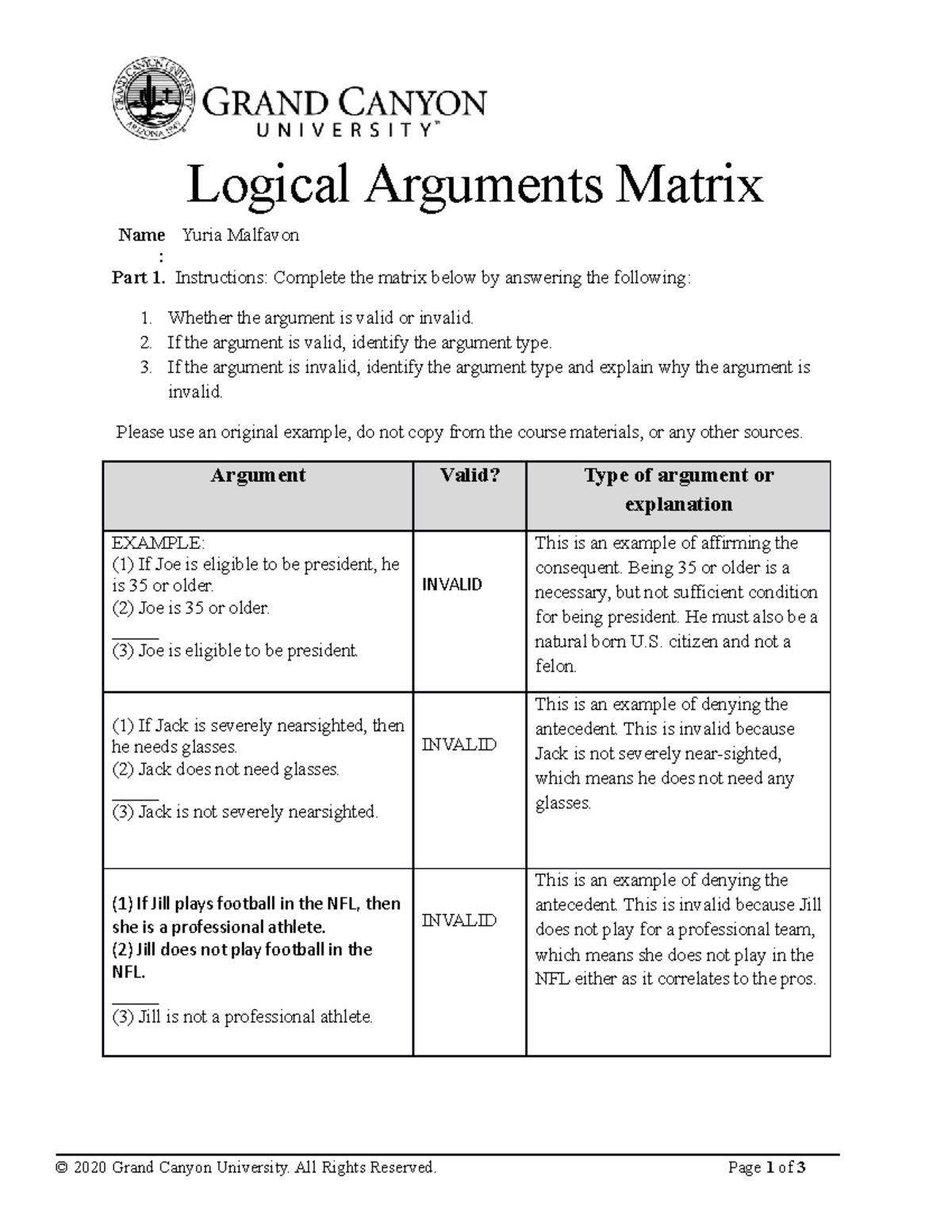 PHI 103 RS T1Logical Arguments Matrix - Logical Arguments Matrix Name ...