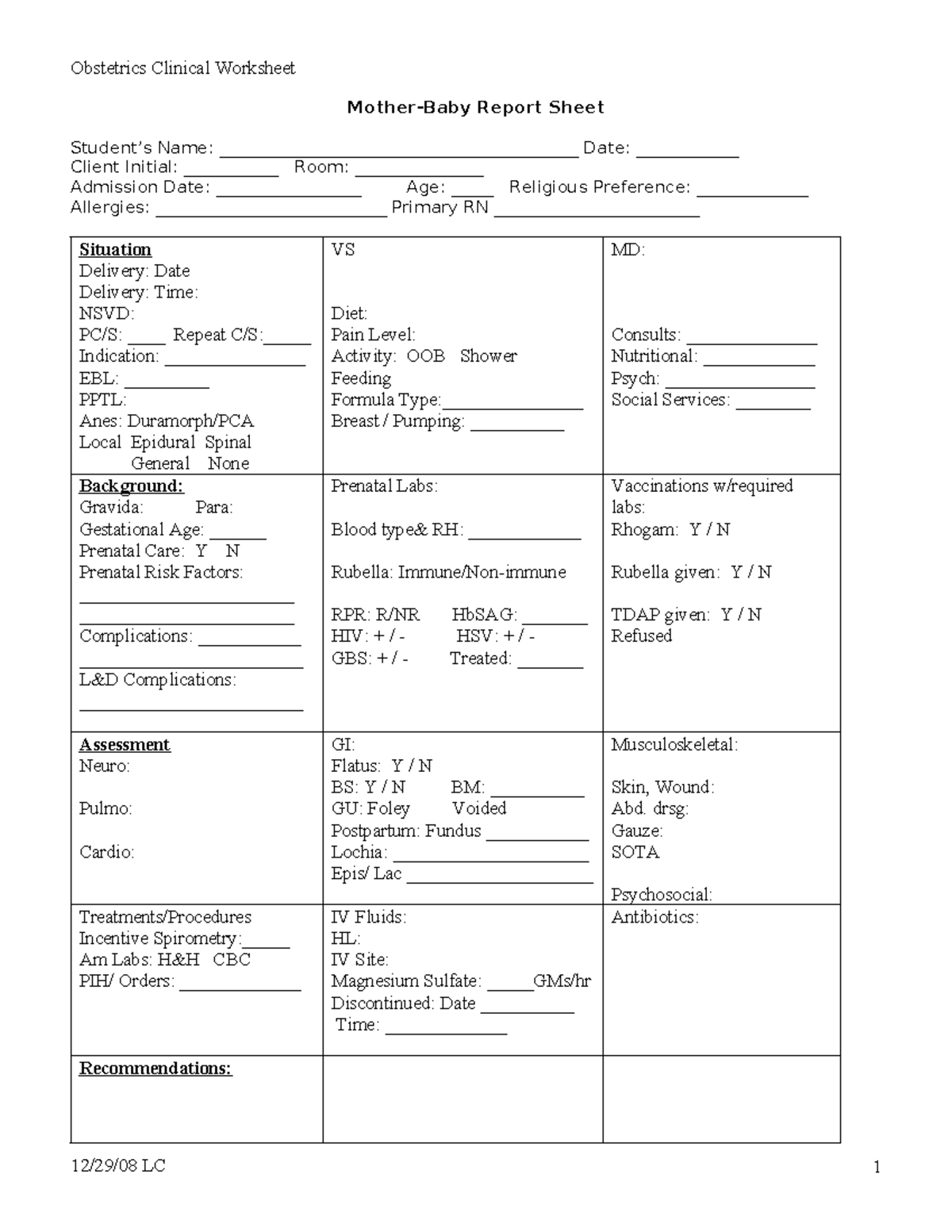Summer 2019 Obstetrics Clinical Worksheet - Mother-Baby Report Sheet ...