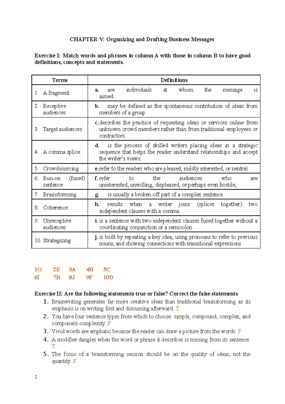 Chapter 5 - sđc - CHAPTER V: Organizing and Drafting Business Messages Exercise I: Match words ...