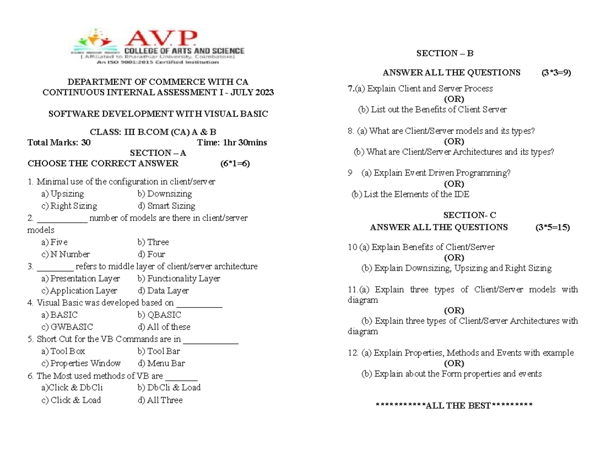 VB Question Paper IST Internal - DEPARTMENT OF COMMERCE WITH CA ...