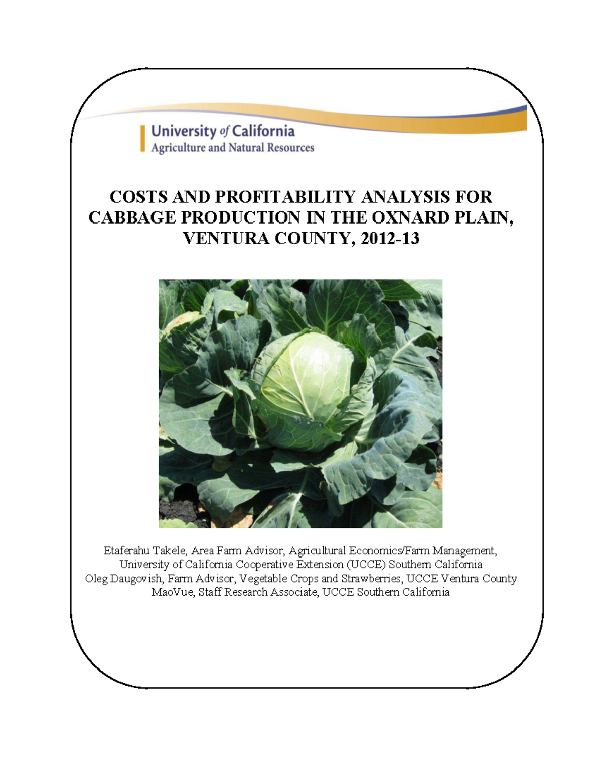 Costs and profitability analysis for cabbage production in the oxnard ...