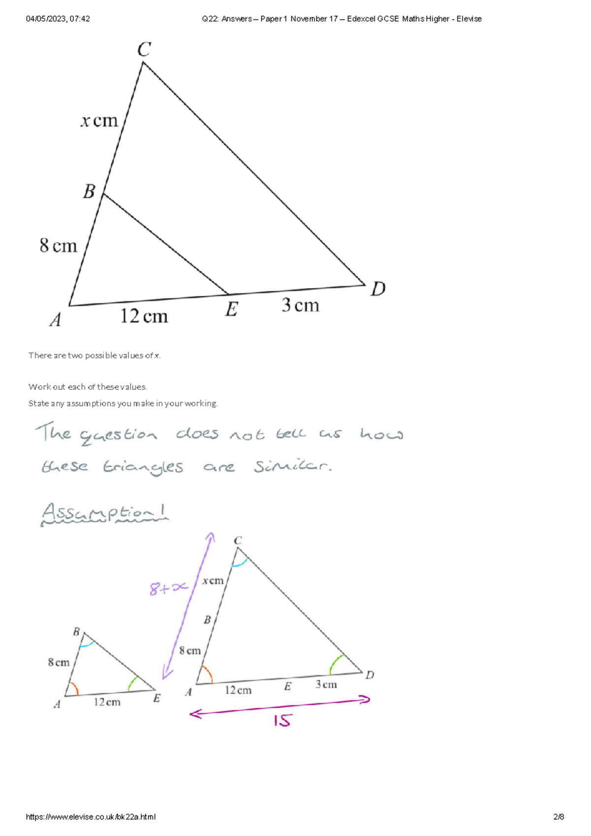 Similar Triangles Answer - MATHS 2202 - There are two possible values ...