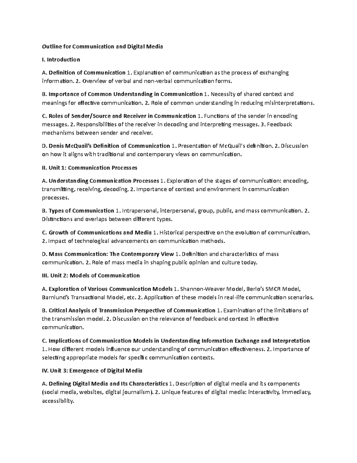 Outline for Communication and Digital Media Block 1 - Outline for ...