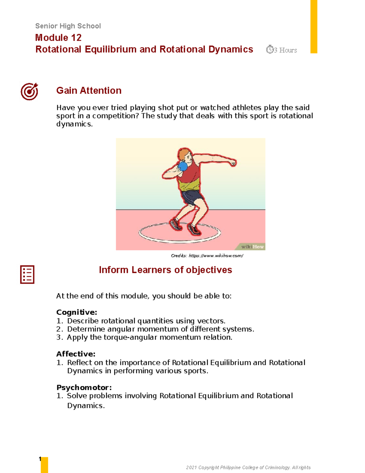 Module # 12 General Physics 1 - Module 12 Rotational Equilibrium and Rotational Dynamics 3 Hours ...