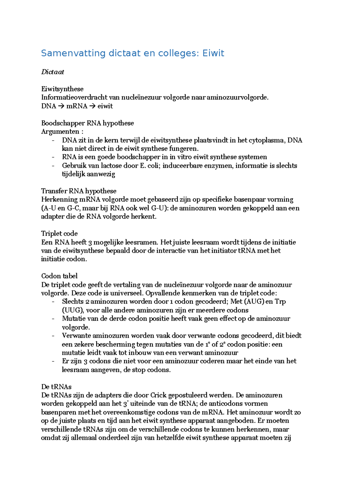 Samenvatting - Deel Eiwitten - Samenvatting dictaat en colleges: Eiwit ...