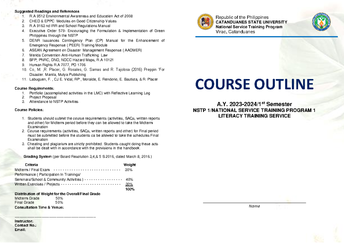 Course Outline NSTP 1 LTS - Suggested Readings and References 1. R 9512 ...