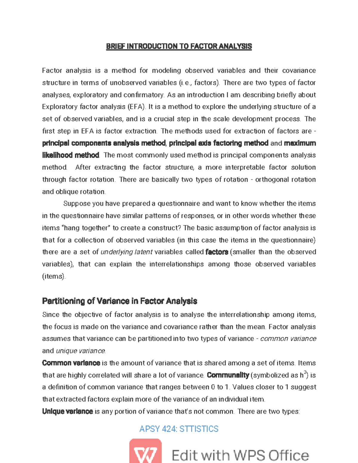 Brief Introduction to Factor Analysis - BRIEF INTRODUCTION TO FACTOR ...