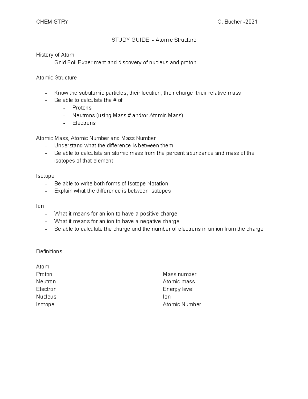 Copy of Answer Key Study Guide - Atomic Structure - STUDY GUIDE ...