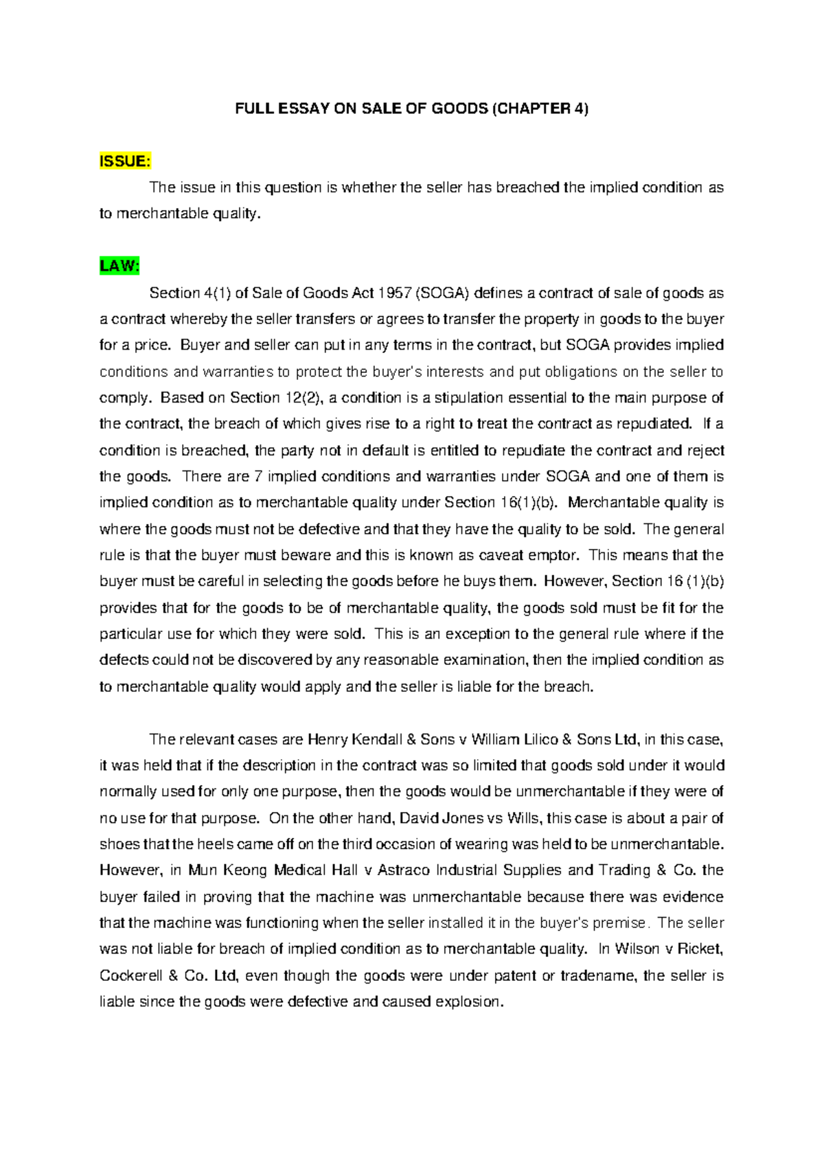 FULL Essay ON SALE OF Goods - FULL ESSAY ON SALE OF GOODS (CHAPTER 4 ...