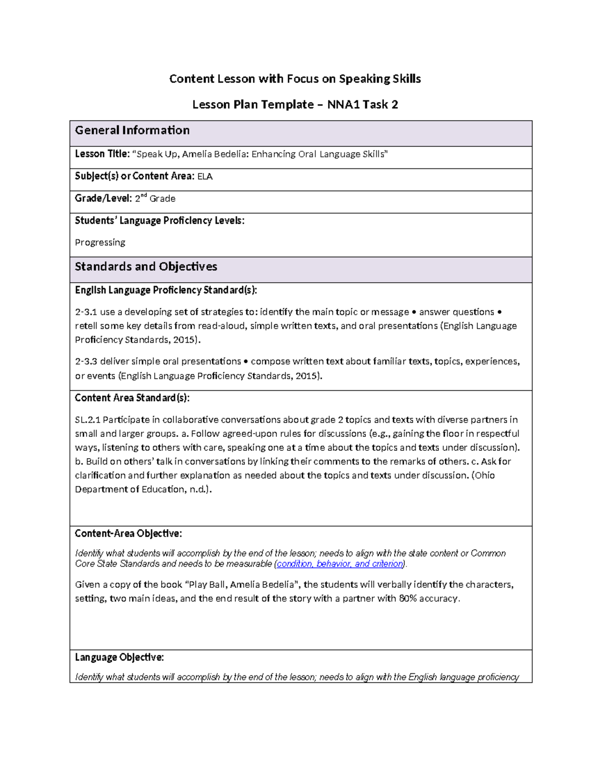 Lesson Plan Template - NNA1 Task 2 - Content Lesson with Focus on ...