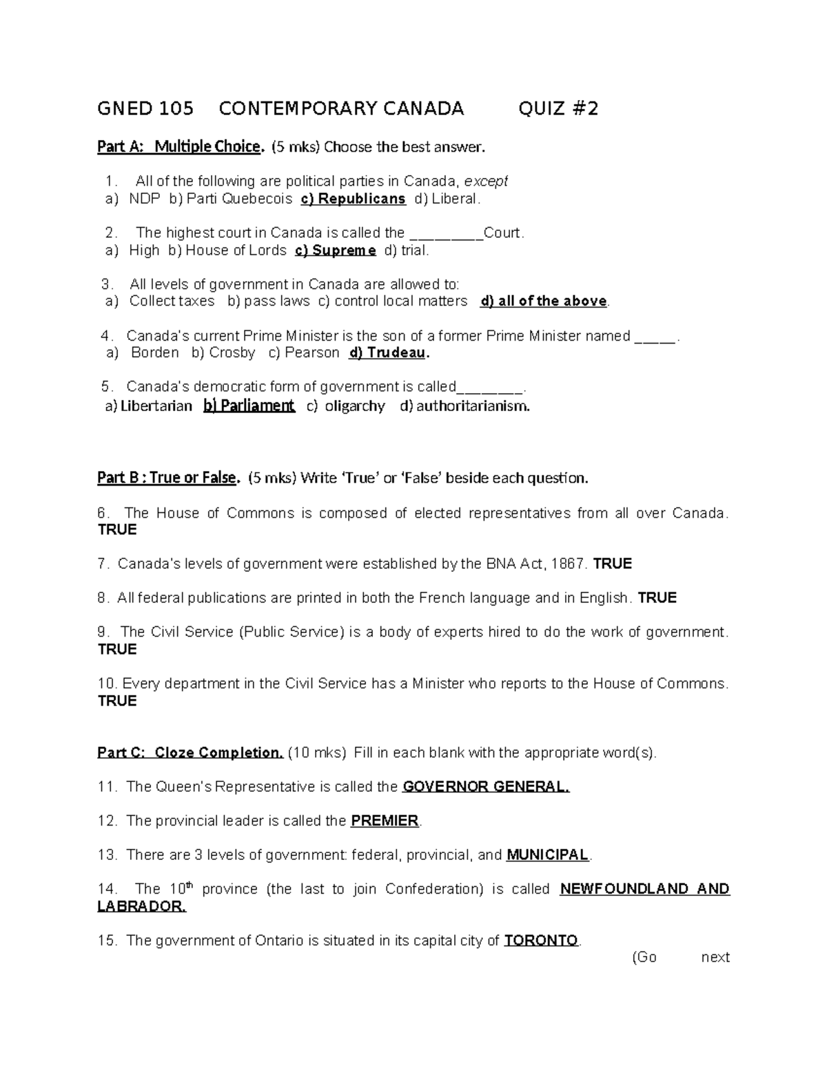 GNED 105 online QUIZ 2 - Quiz - GNED 105 CONTEMPORARY CANADA QUIZ Part ...