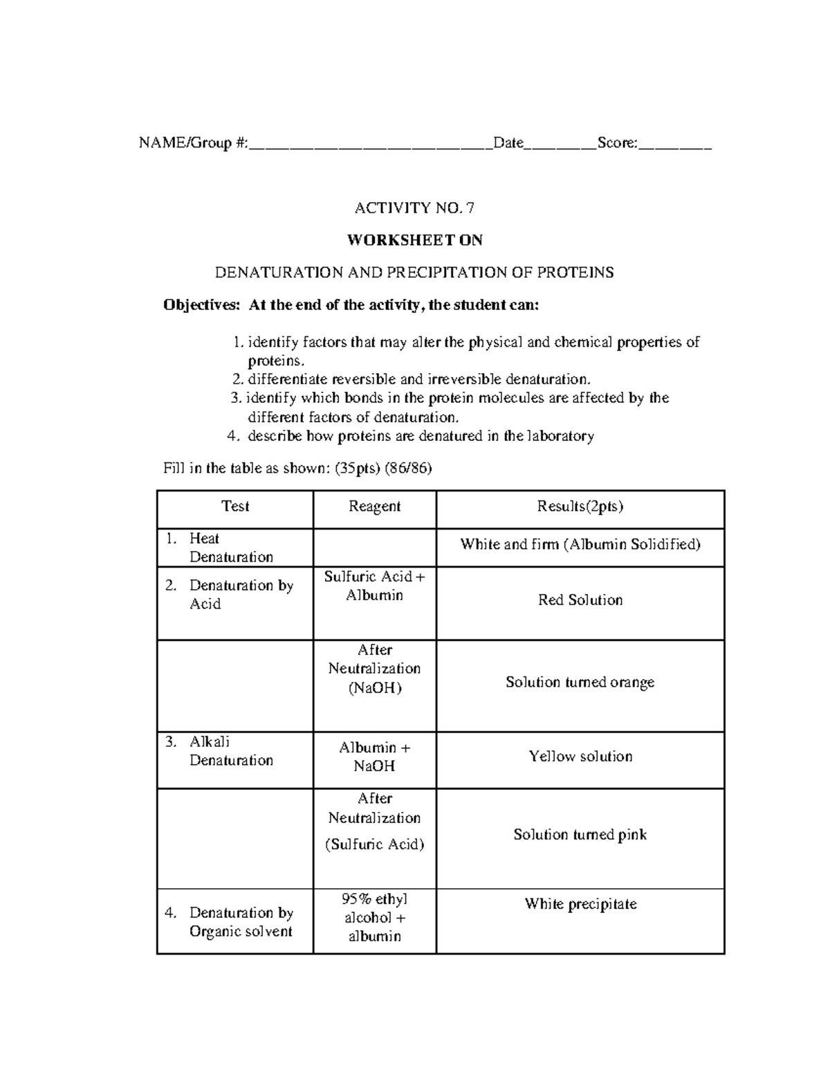 Worksheet on Act# 7 Denaturation and precipitation of Proteins - NAME ...