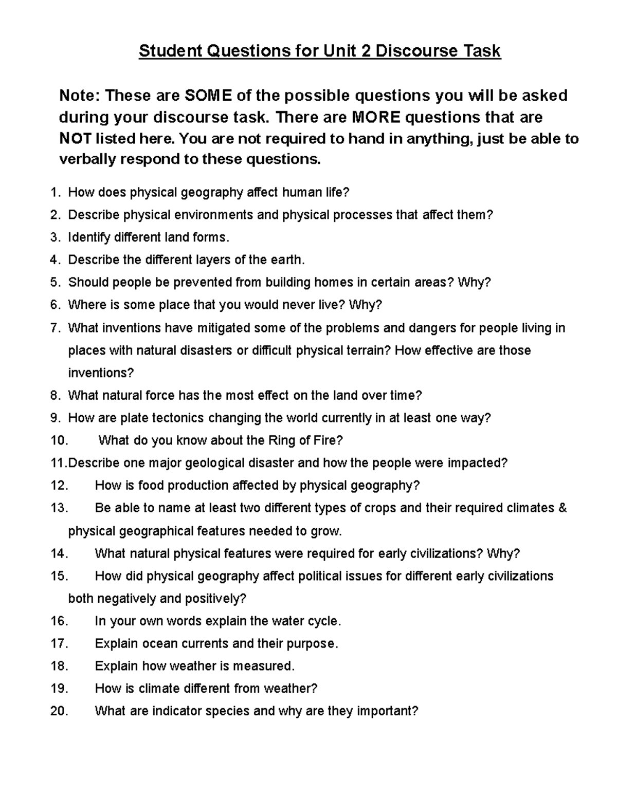 Unit 2 Discourse Student Handout - Student Questions for Unit 2 ...