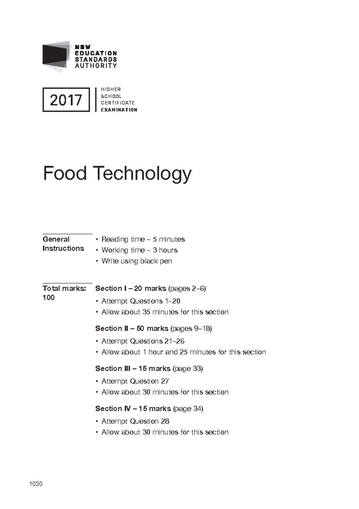 2017 HSC Food Technology - 2017 HIGHERSCHOOL CERTIFICATE EXAMINATION ...