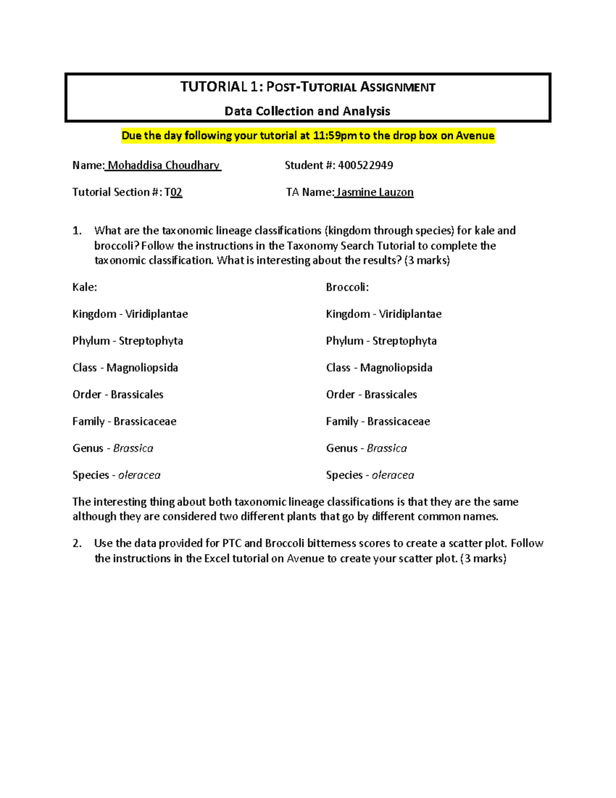 Tutorial 1 Assignment - Data Collection and Analysis Bio 1M03 Final - TUTORIAL 1: POST-TUTORIAL ...