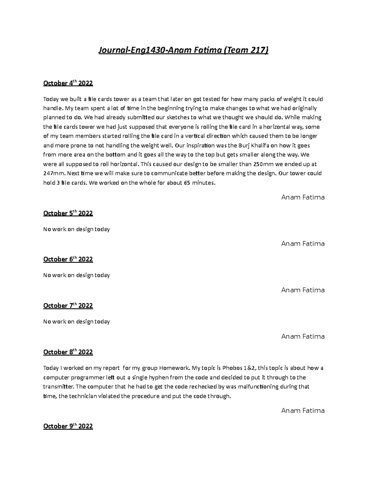 Journal Updated - Journal-Eng1430-Anam Fatima (Team 217) October 4th ...