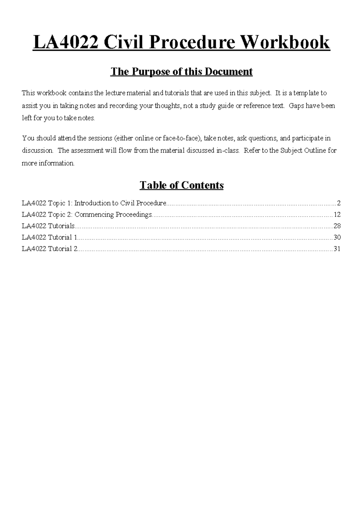 LA4022 - Workbook - Week 1 - LA4022 Civil Procedure Workbook The ...