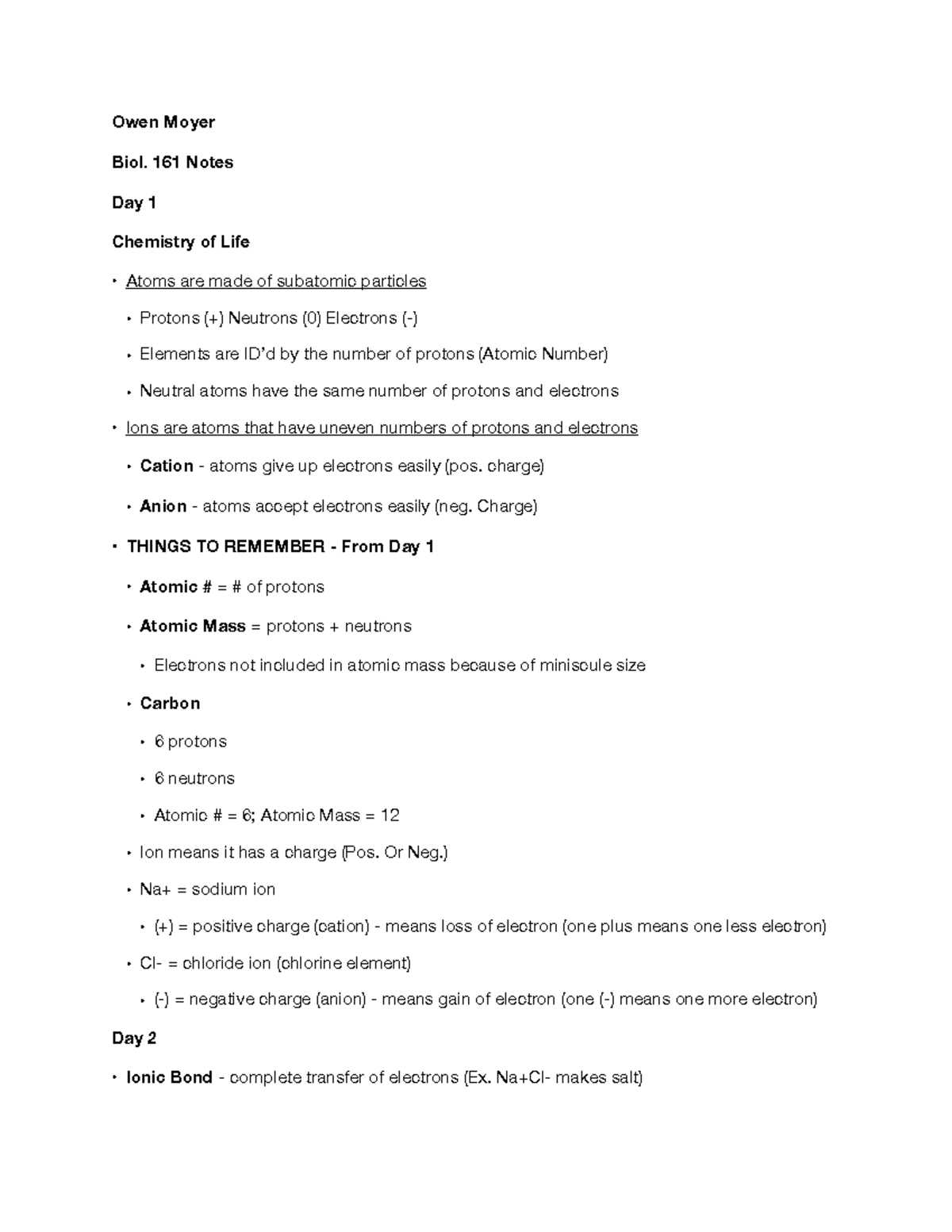 Biol. A&P Notes - Exams 1-5 - Owen Moyer Biol. 161 Notes Day 1 ...