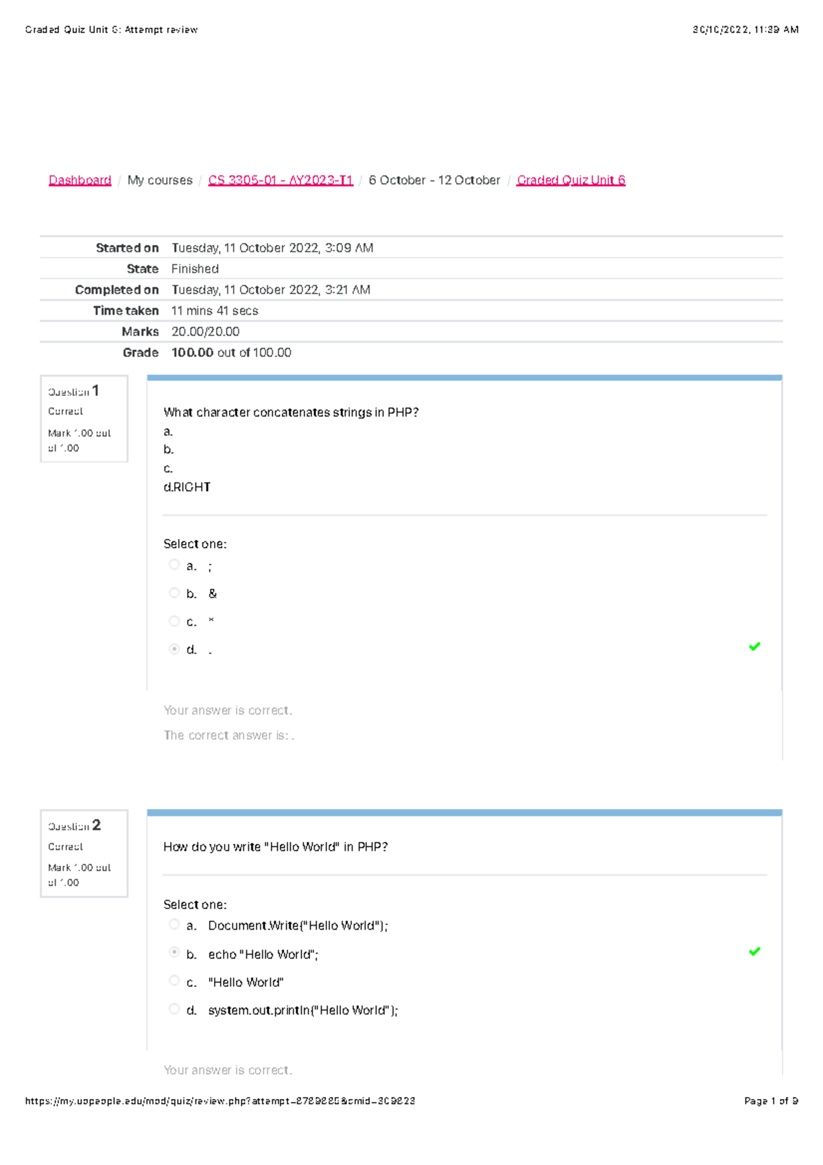Graded Quiz Unit 6: Attempt review:CS3305 - Question 1 Correct Mark 1 out of 1. Question 2 ...