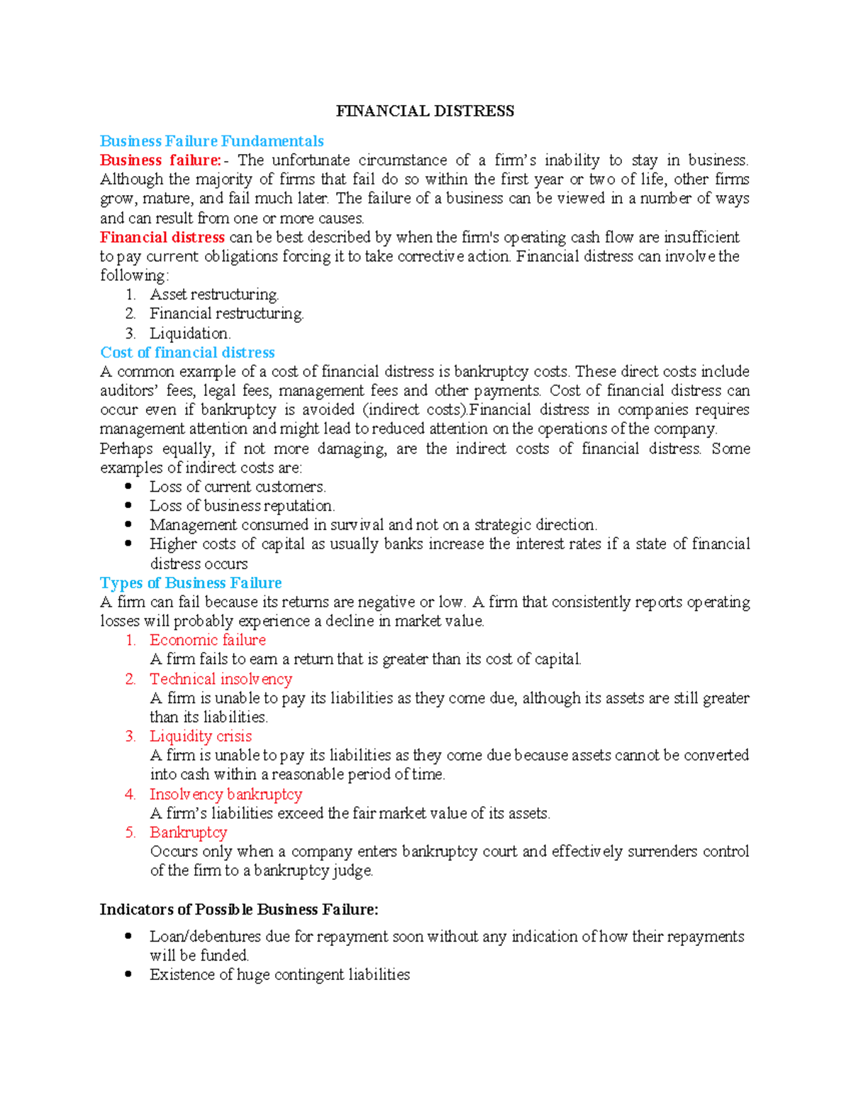 Topic 6- Financial Distress - FINANCIAL DISTRESS Business Failure ...