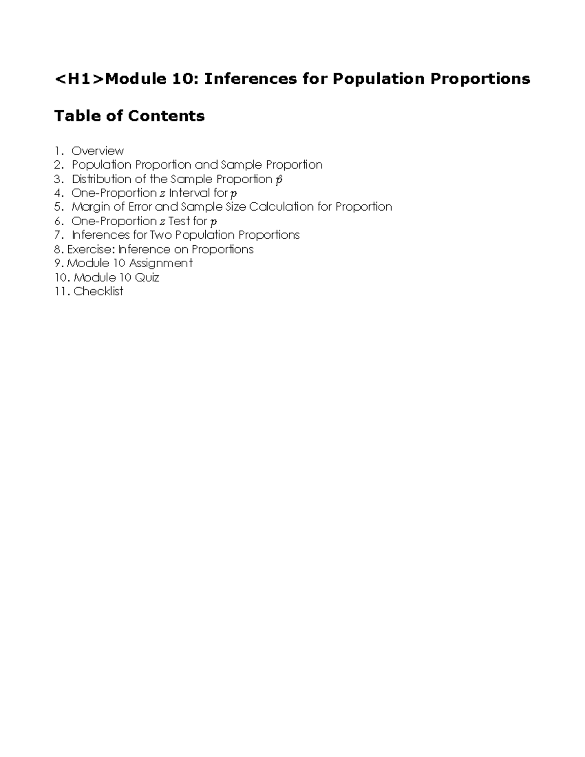 Module 10 - notes - Module 10 : Inferences for Population Proportions ...