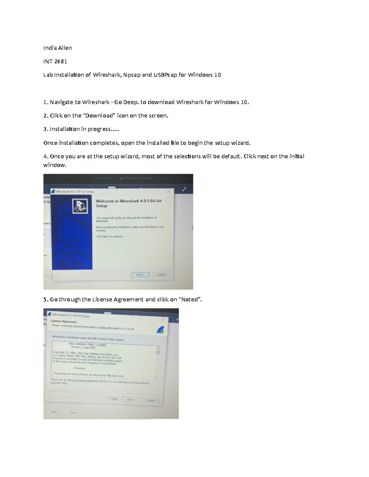 Lab 6 (Download Wireshark) - India Allen INT 2681 Lab Installation of ...