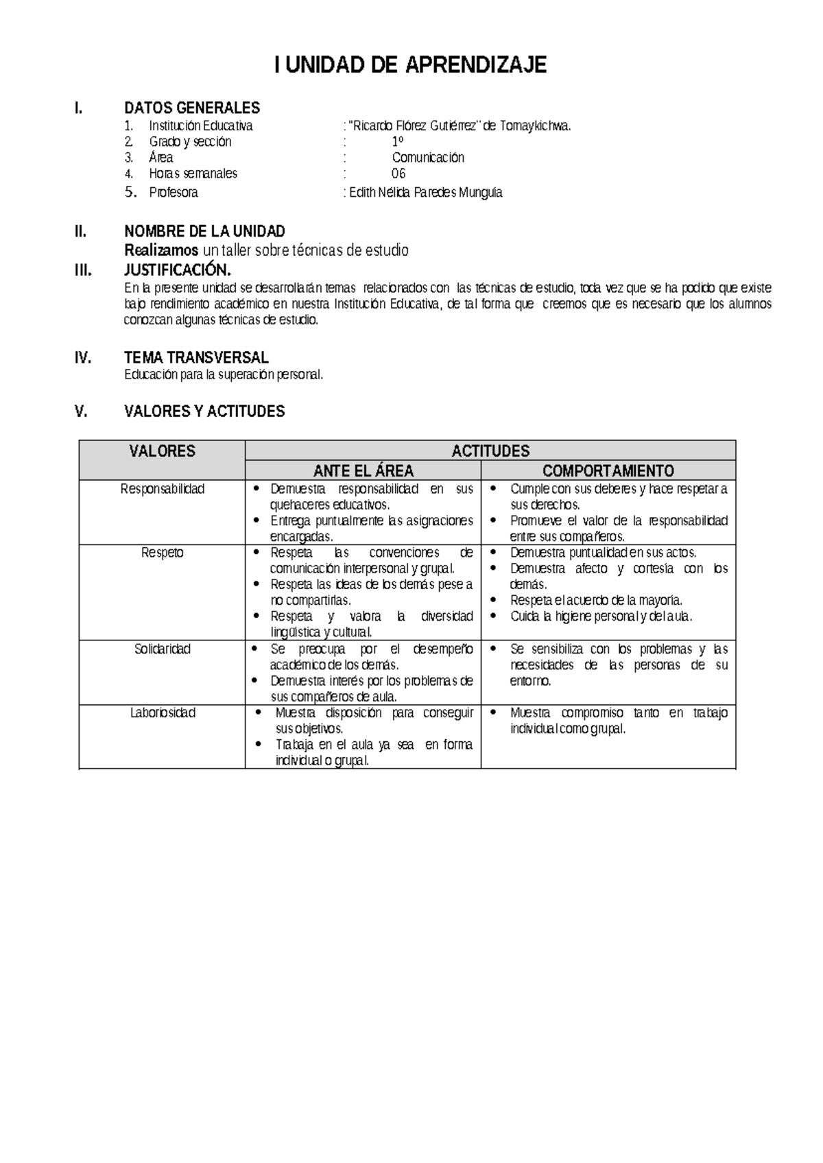 I Unidad DE Aprendizaj 1 de 1º de edith - I UNIDAD DE APRENDIZAJE I ...
