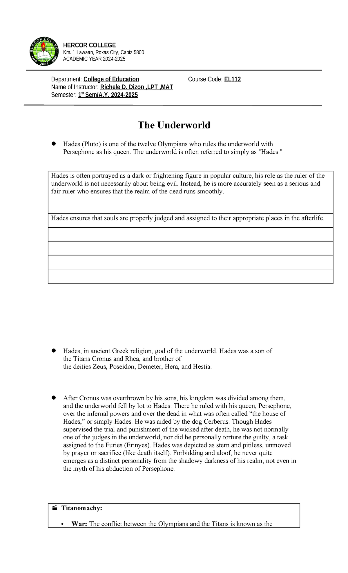 Underworld- Handout - HERCOR COLLEGE Km. 1 Lawaan, Roxas City, Capiz ...