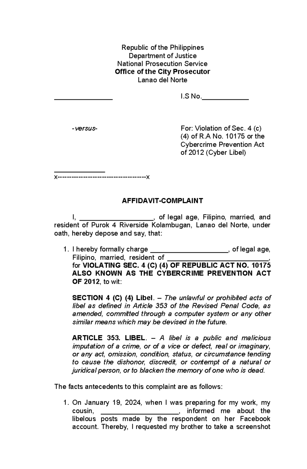 Cyber Libel - asd - Republic of the Philippines Department of Justice ...