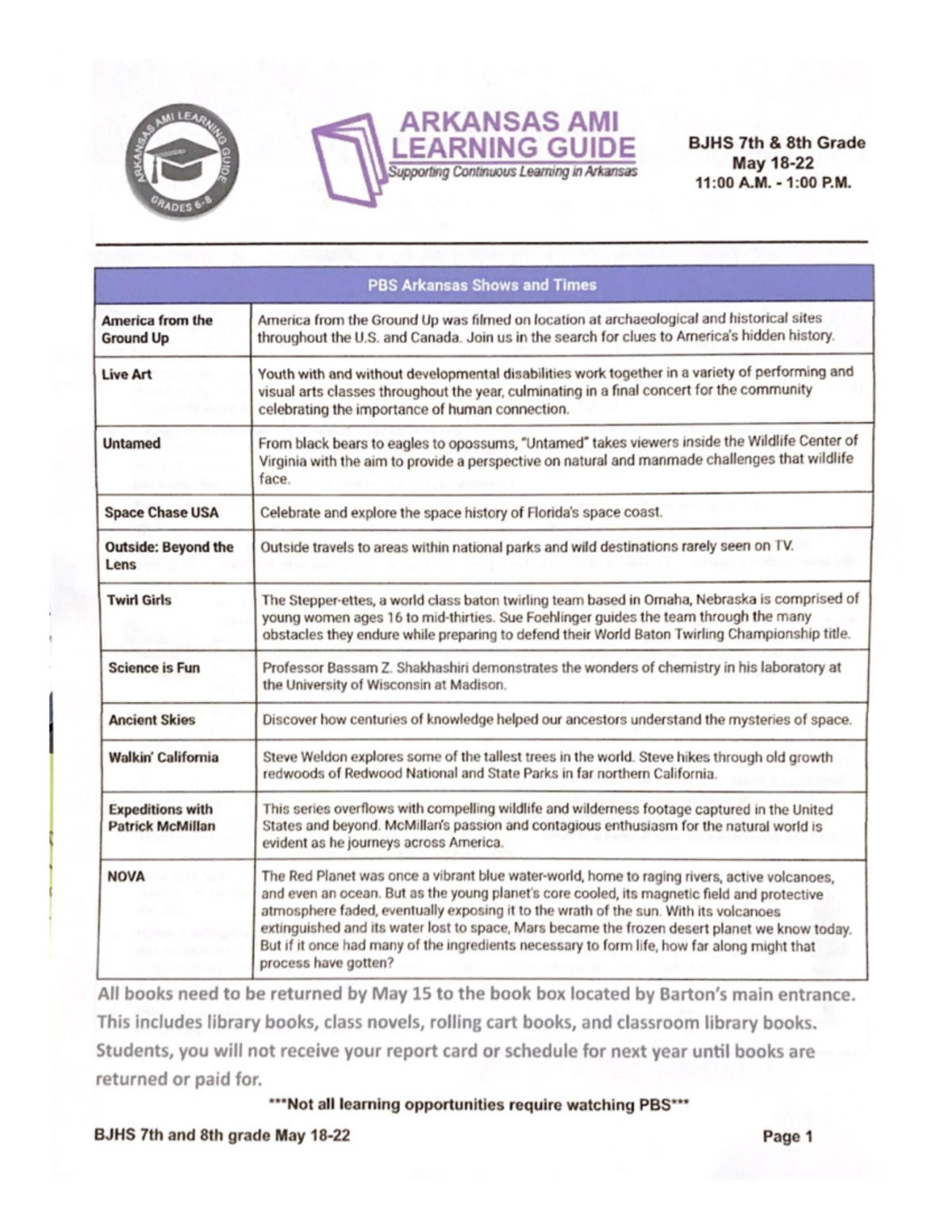 Caden Meadows - 5 18-5 22 AMI - ARKANSAS AMI LEARNING GUIDE BJHS 7th 8th Grade Supporting ...