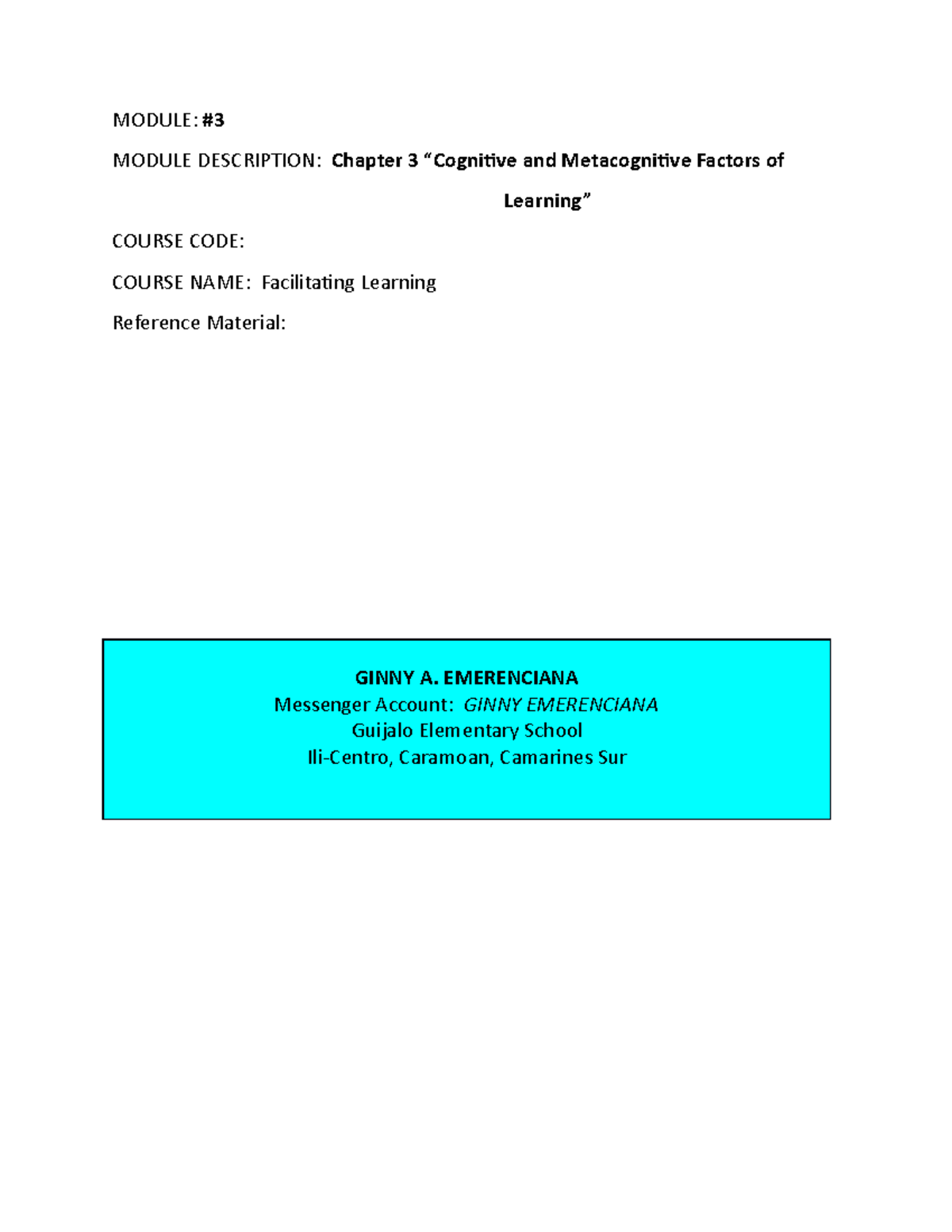 Chapter 3 Facilitating Learning hahaha bakit - MODULE: MODULE ...