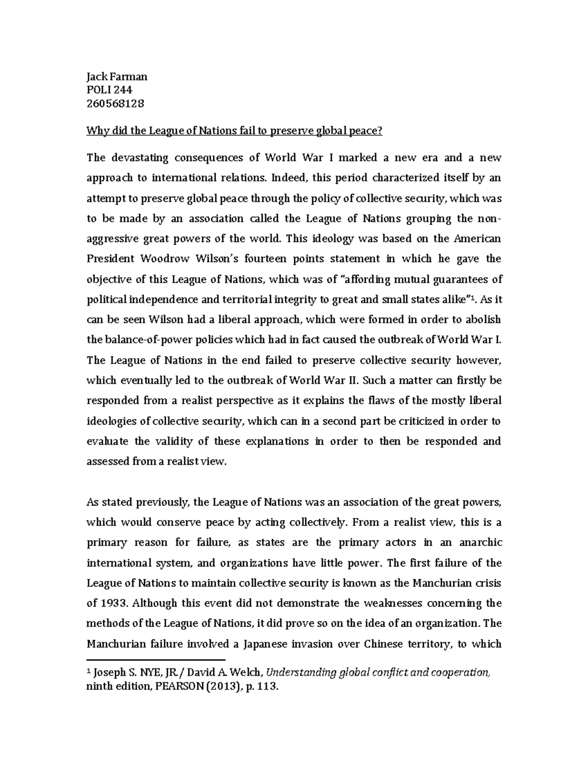 Essay - World History - '' Why did the League of Nations fail to ...