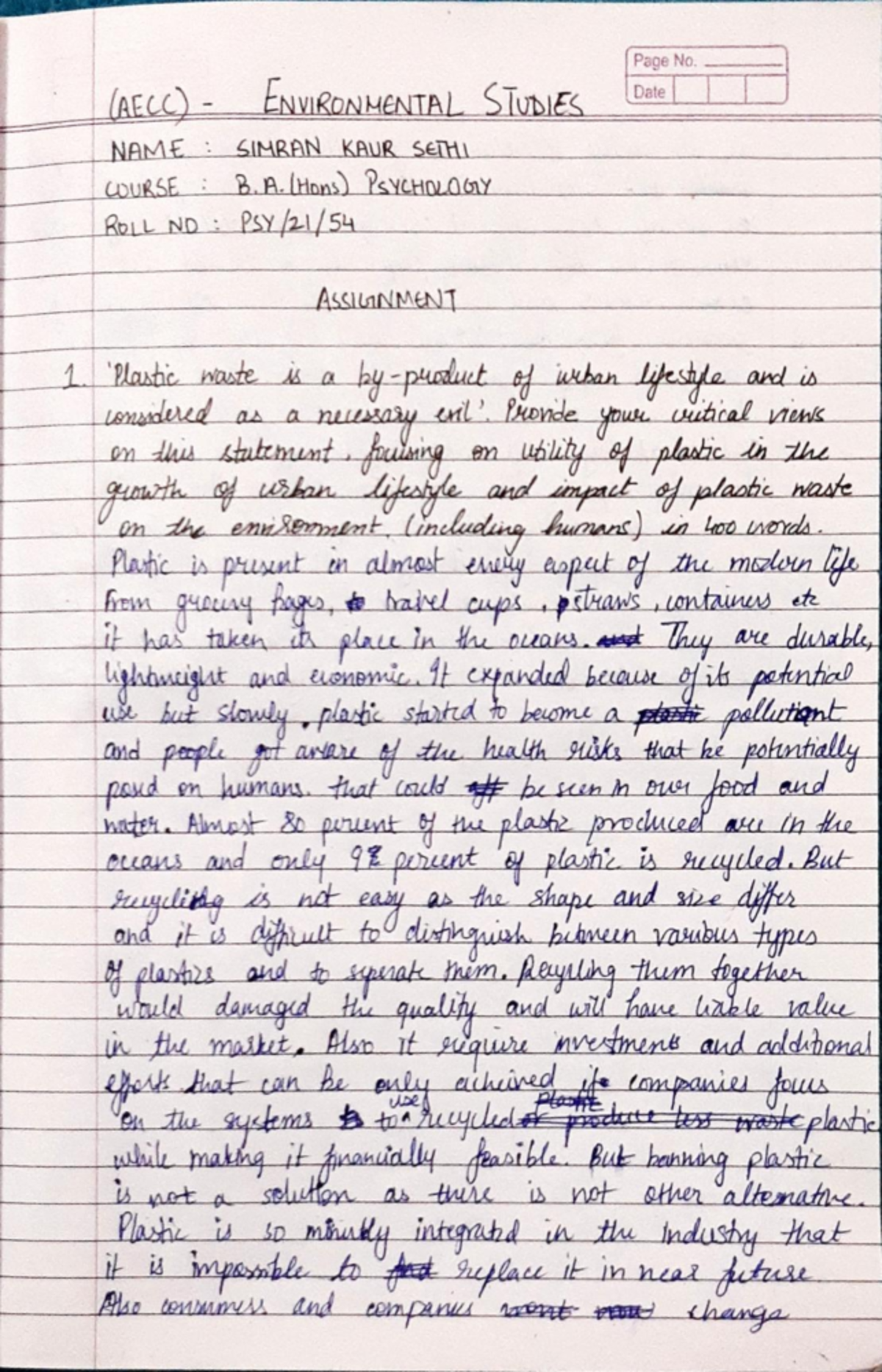 EVS Assignment - ... - Page No. (AECC) ENVIRONMENTAL STUDIES Date NAME ...