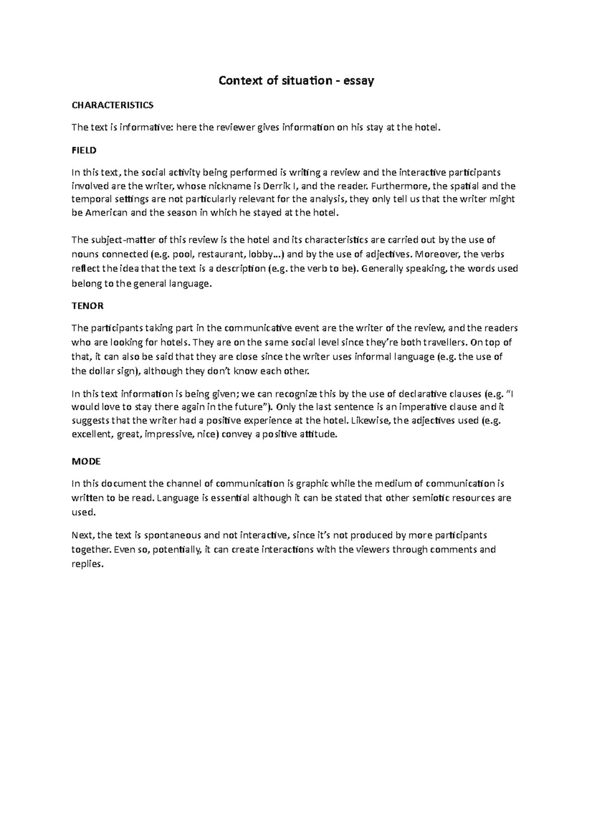 Essay 1 - context of situation - Context of situation - essay ...