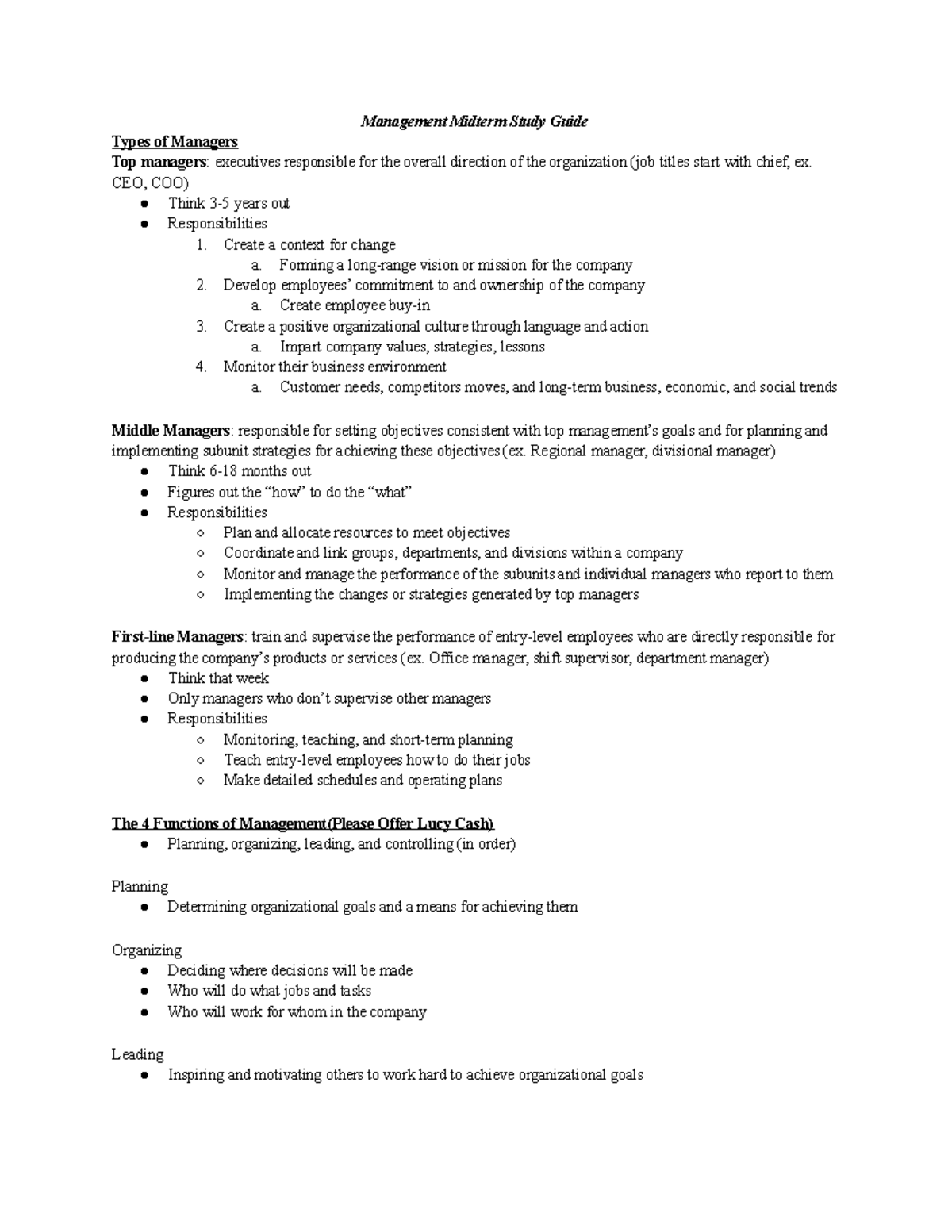 Midterm 1 Study Guide - Management Midterm Study Guide Types of ...
